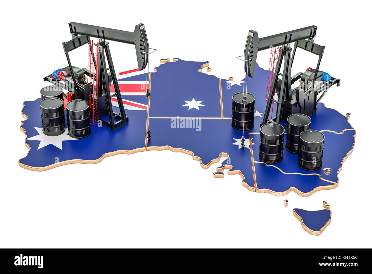 Australian map with oil barrels and pumpjacks. Oil production concept ...