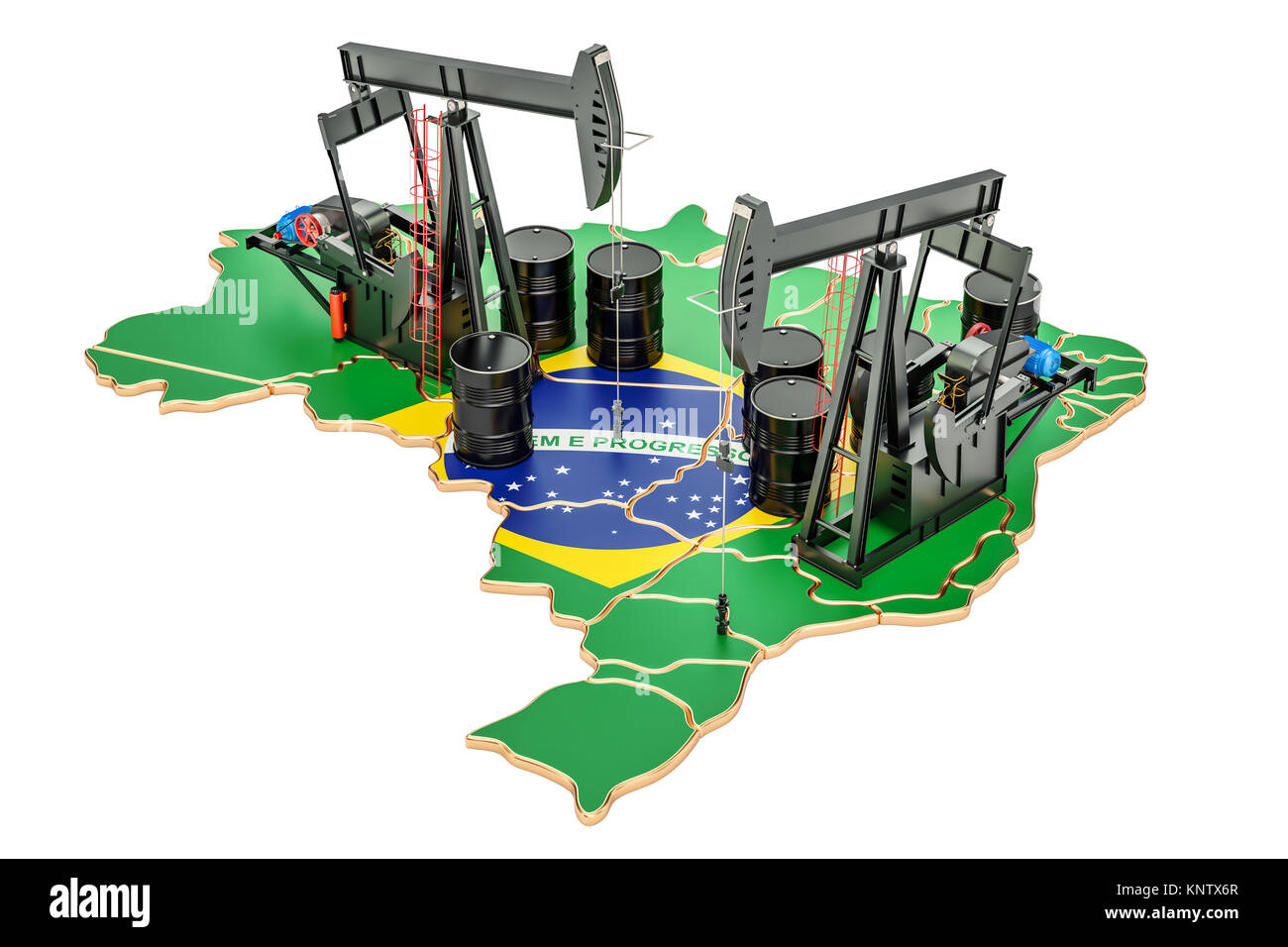 Brazilian map with oil barrels and pumpjacks. Oil production concept ...
