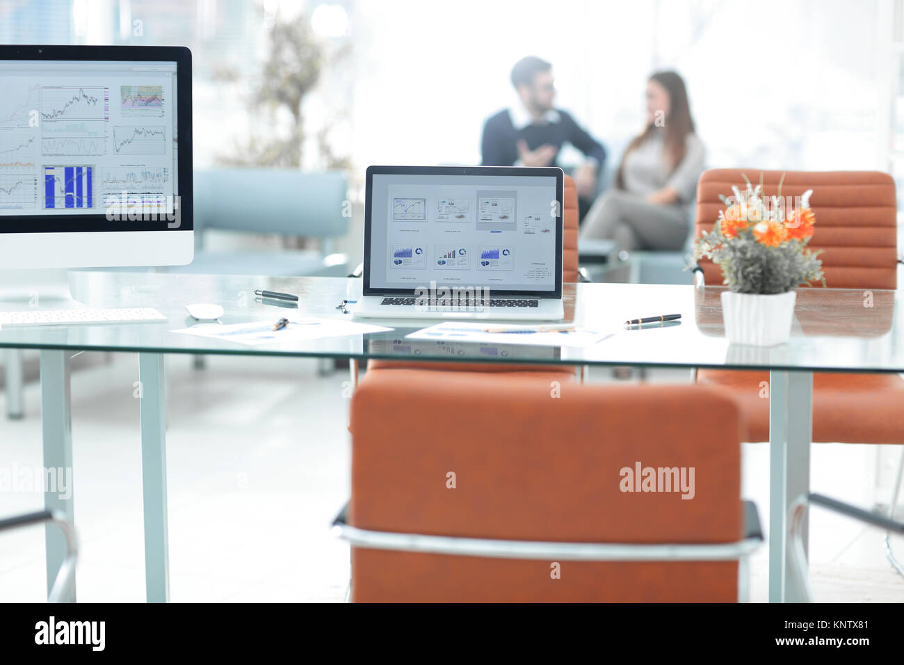 monitors on the desktop in a modern office.business background Stock ...