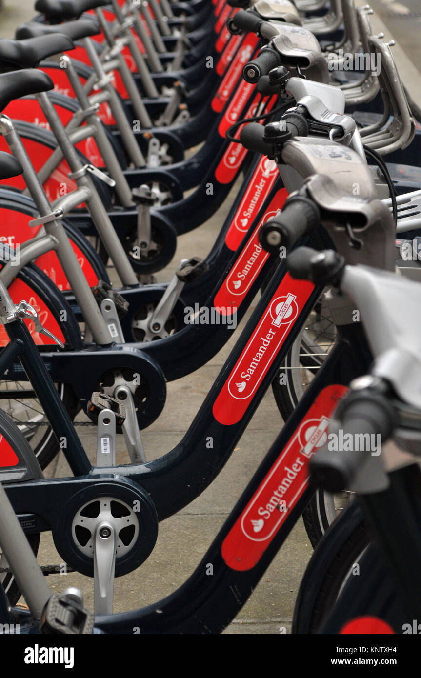 A row or line of Norris bikes at a stand in central london ready for ...