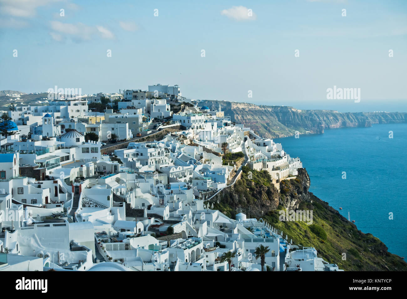 View of Caldera volcanic cliff at sunset, Imerovigli village, Santorini ...