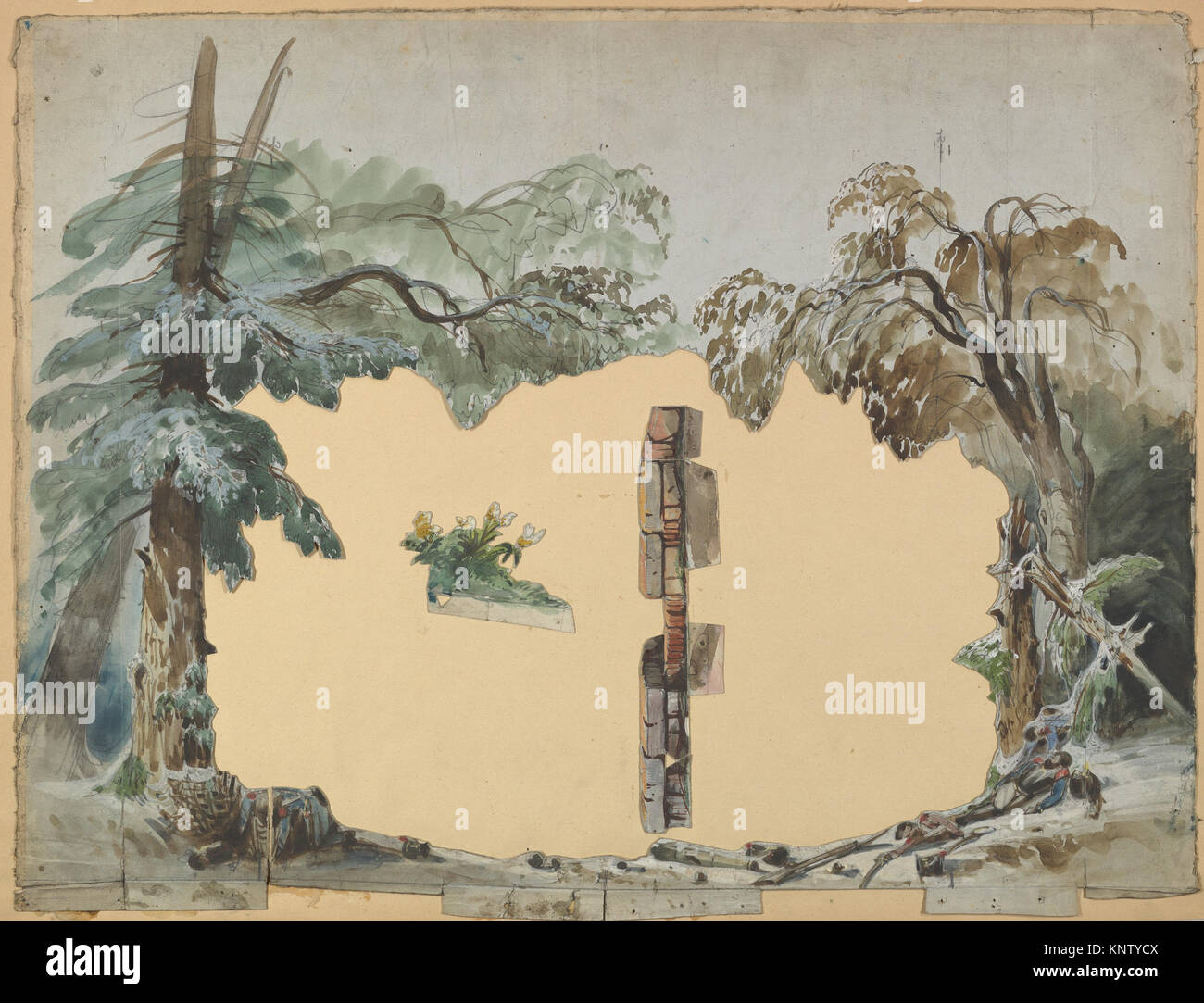 Theatrical stage set design showing architectural elements, perspective ...