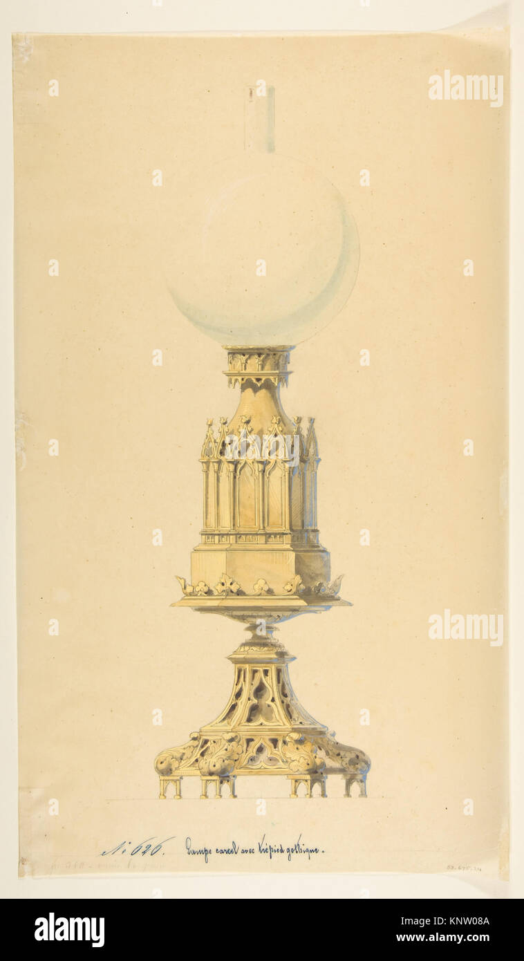 This drawing presents a design for an oil lamp, showing the lamp's ...