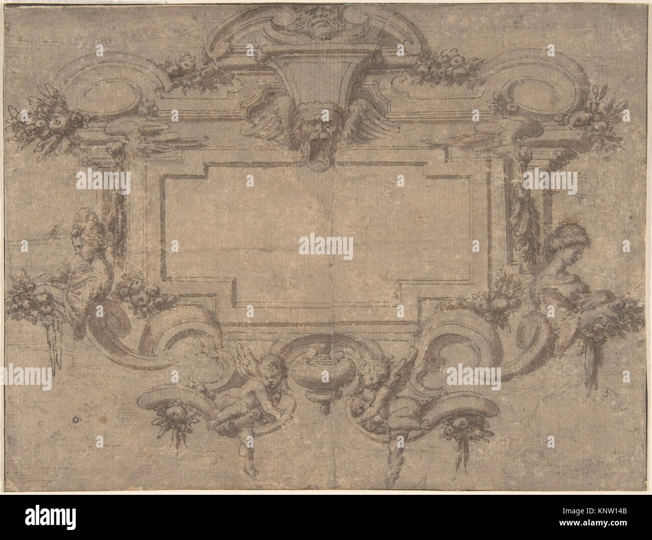 Design for a Cartouche or Wall Panel with Scrollwork, Masks and Female ...