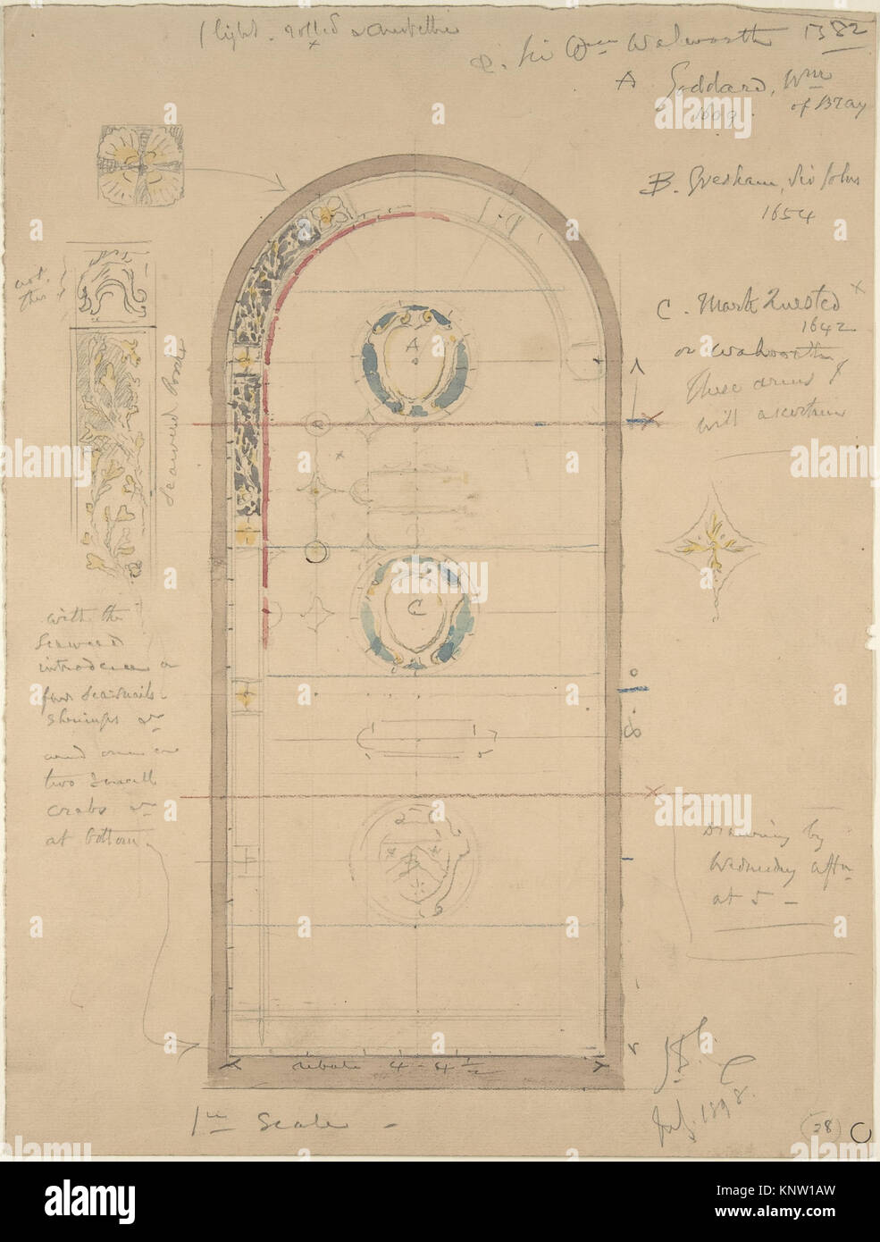 Drawing showing designs for arched stained glass windows and an ...