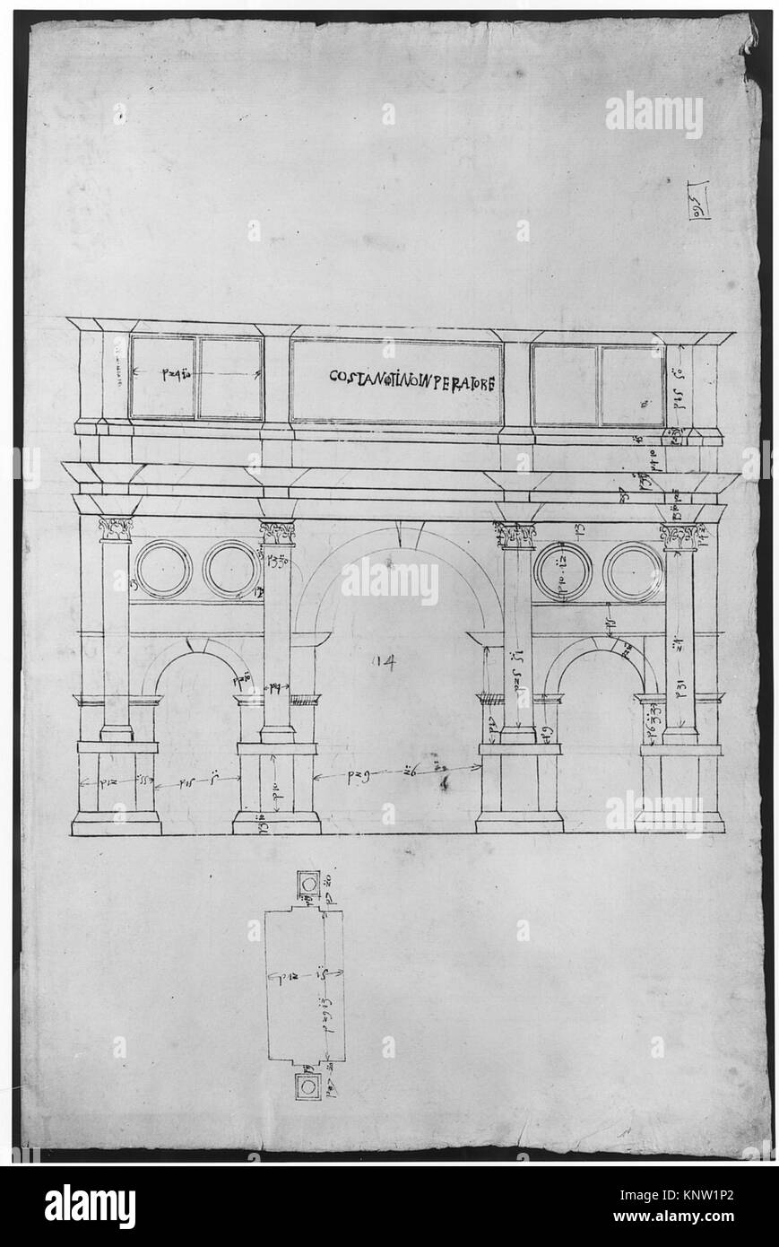 This drawing presents the elevation and partial plan of the Arch of ...