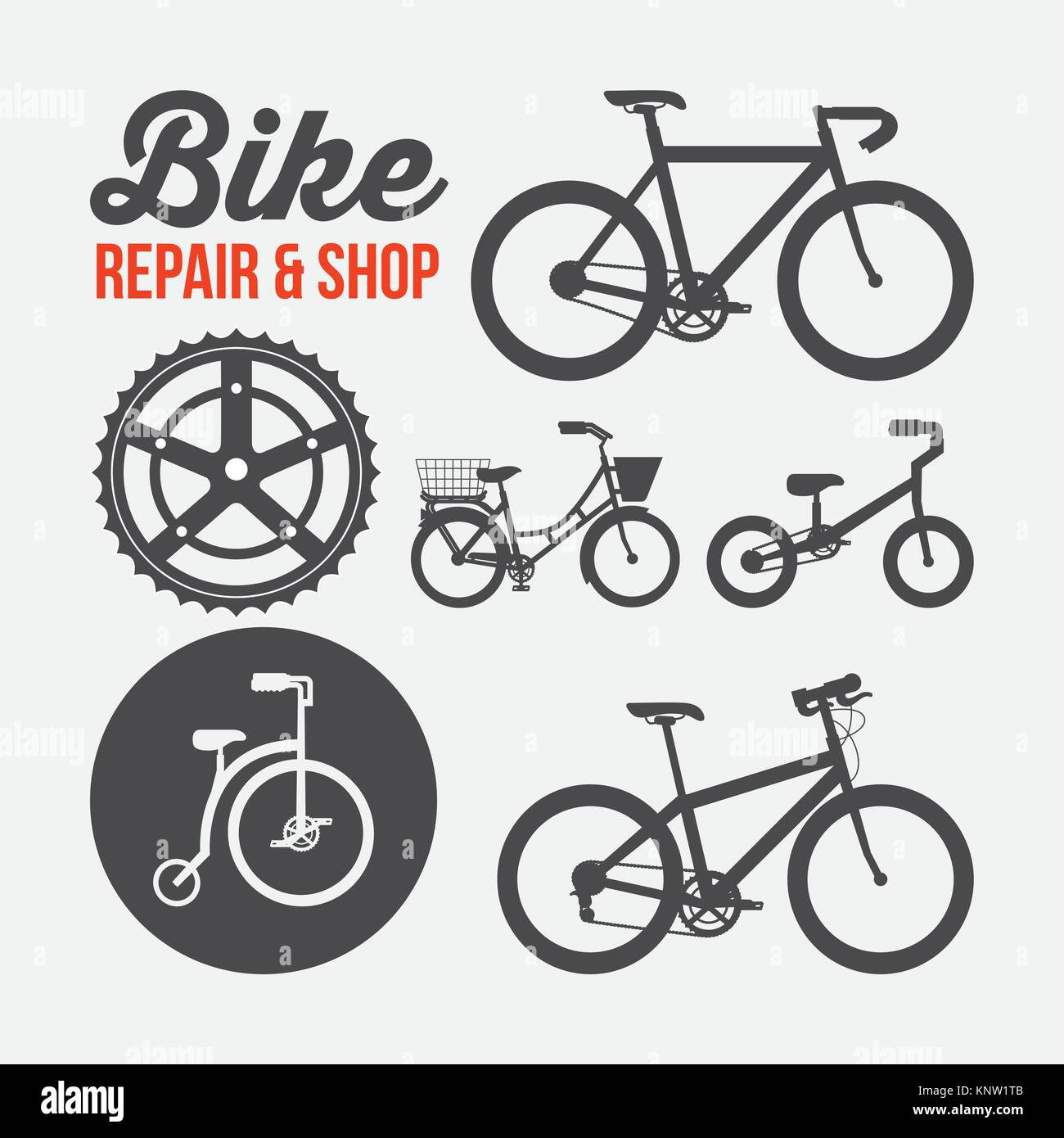 repair and shop the different bicycles sport transport poster Stock ...