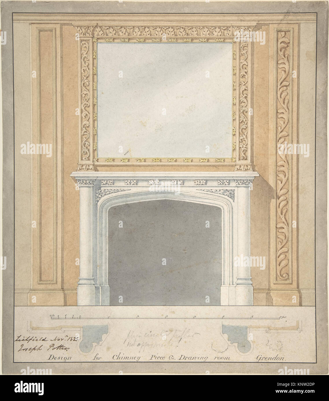 Architectural drawing of a Jacobethan-style chimney piece for a drawing ...