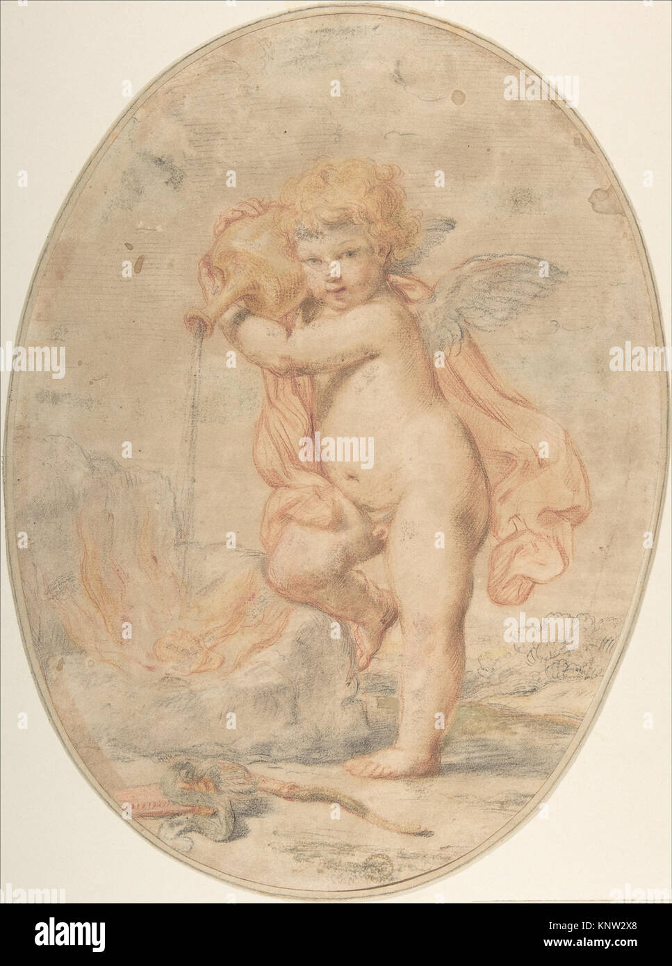 An illustration depicting Cupid pouring water onto a burning heart ...
