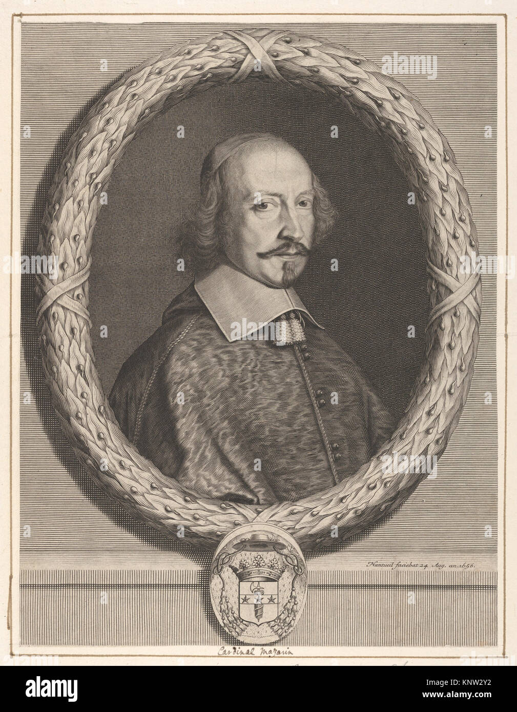 This portrait depicts Cardinal Jules Mazarin, showing attire, facial ...