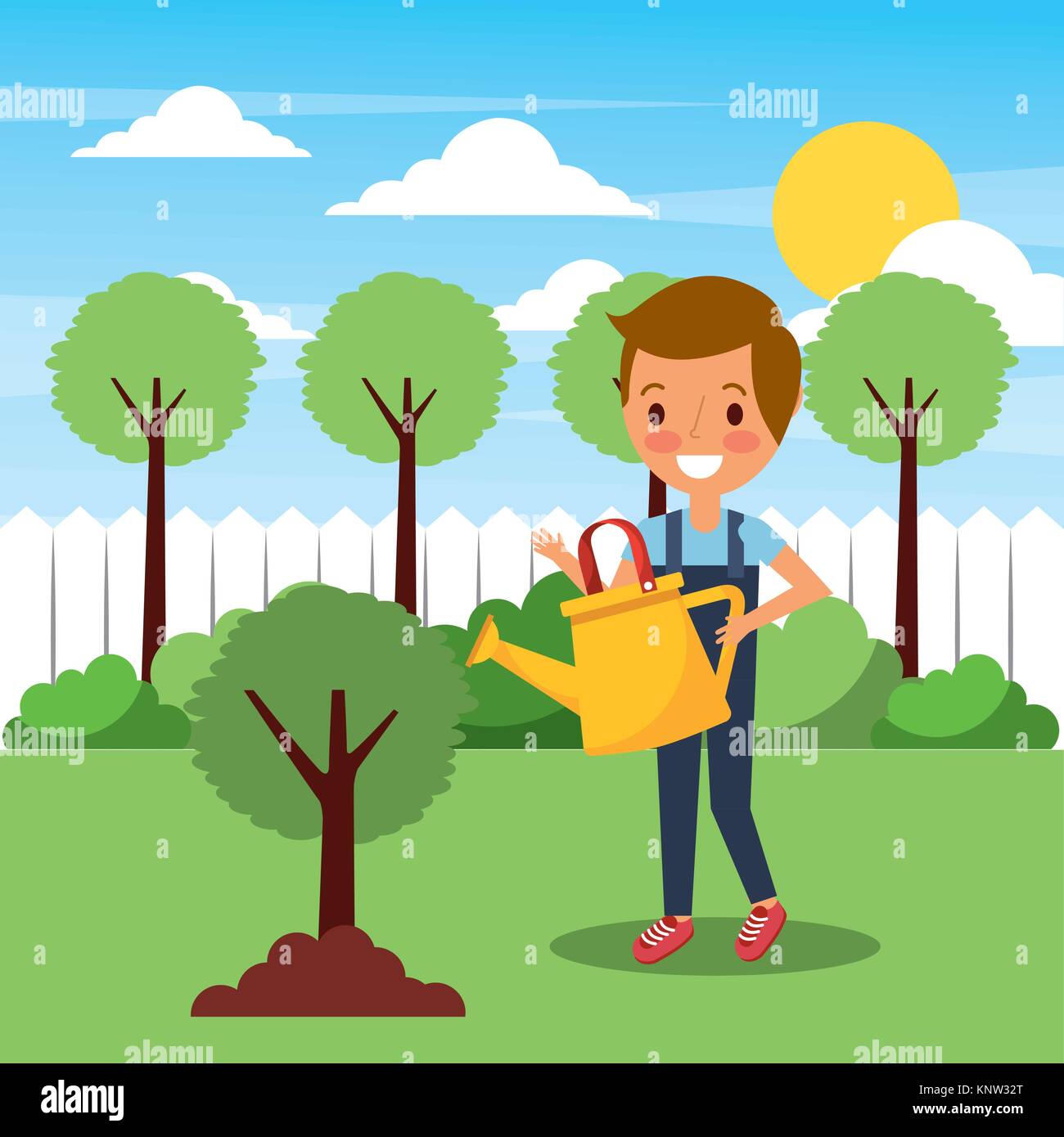 young boy watering tree in garden with trees landscape Stock Vector ...