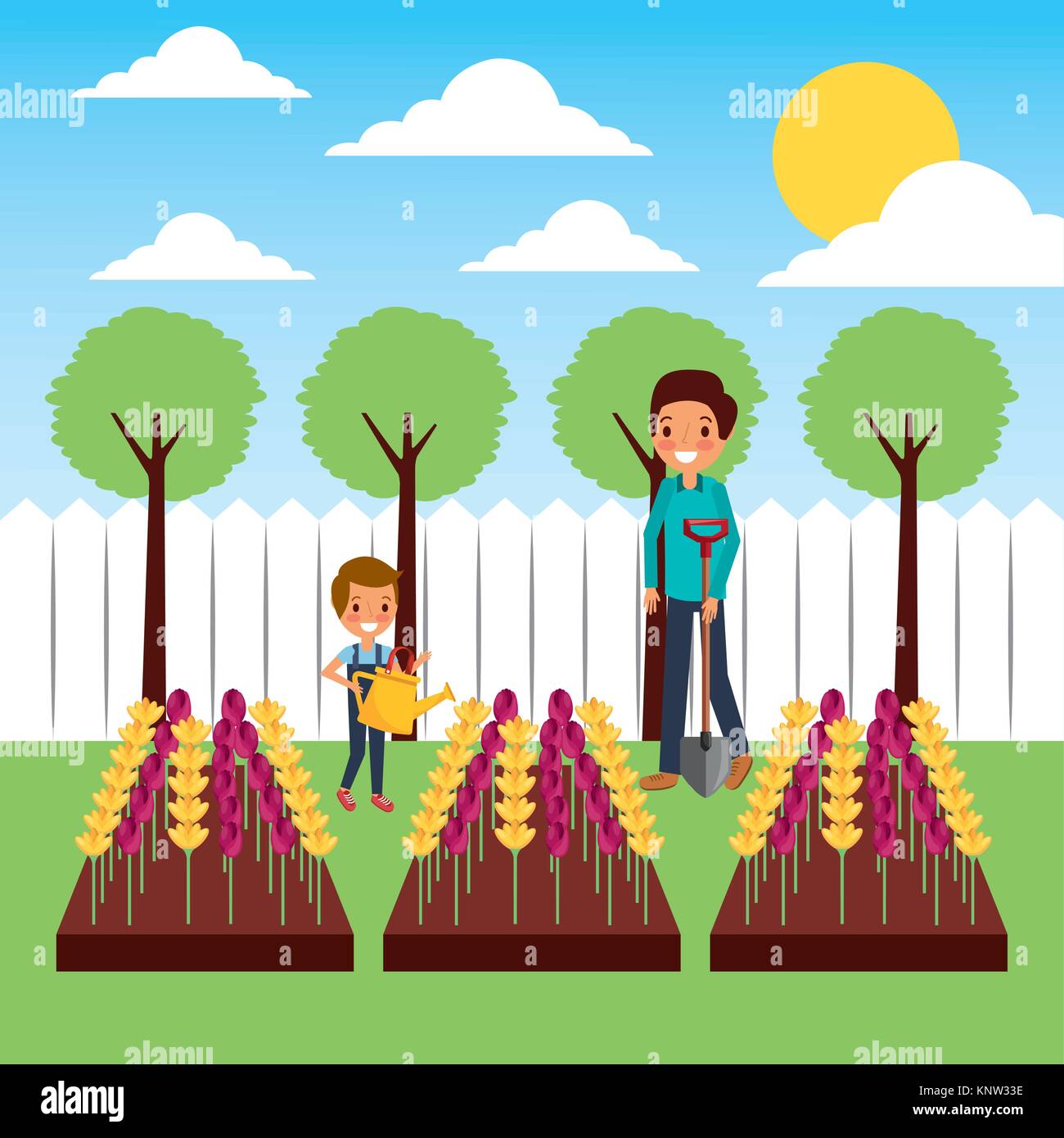 mother and son watering flowers in plowing field Stock Vector Image ...