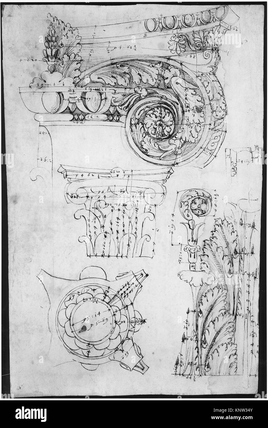Architectural drawing of composite capitals, friezes, entablatures, and ...
