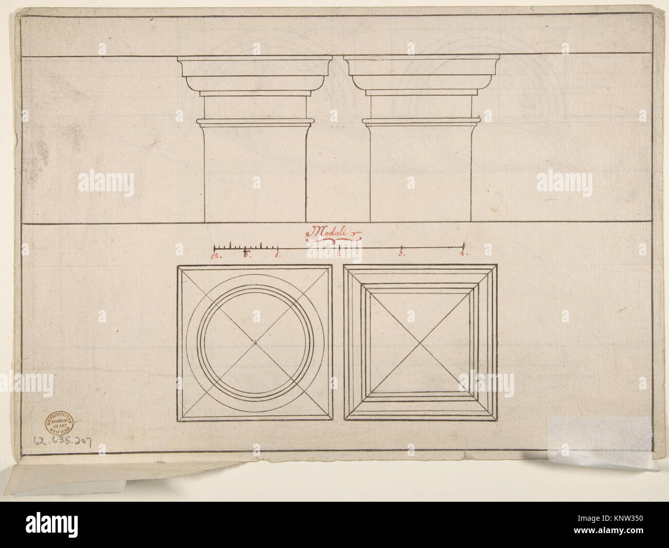 Perspective study illustrating two column bases, a column capital, and ...