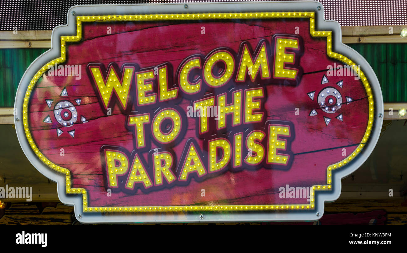 Welcome to the Paradise Sign Message Neon Festival Stand Closeup Stock ...
