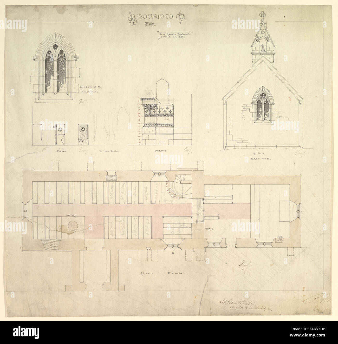 Architectural drawings for Ditteridge Church in Wiltshire, showing ...
