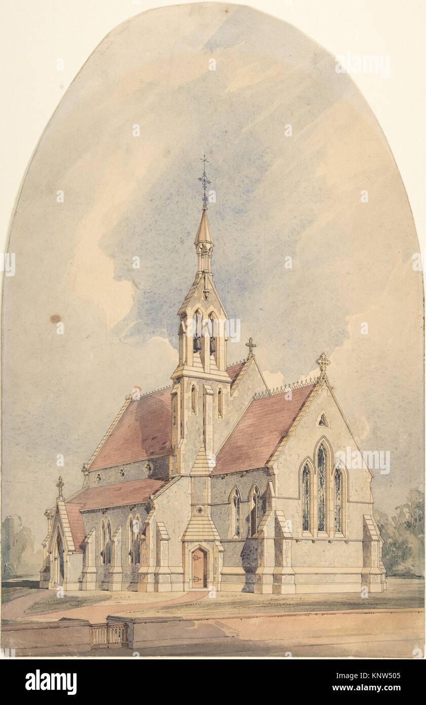 This 19th-century architectural rendering depicts a Gothic Revival ...