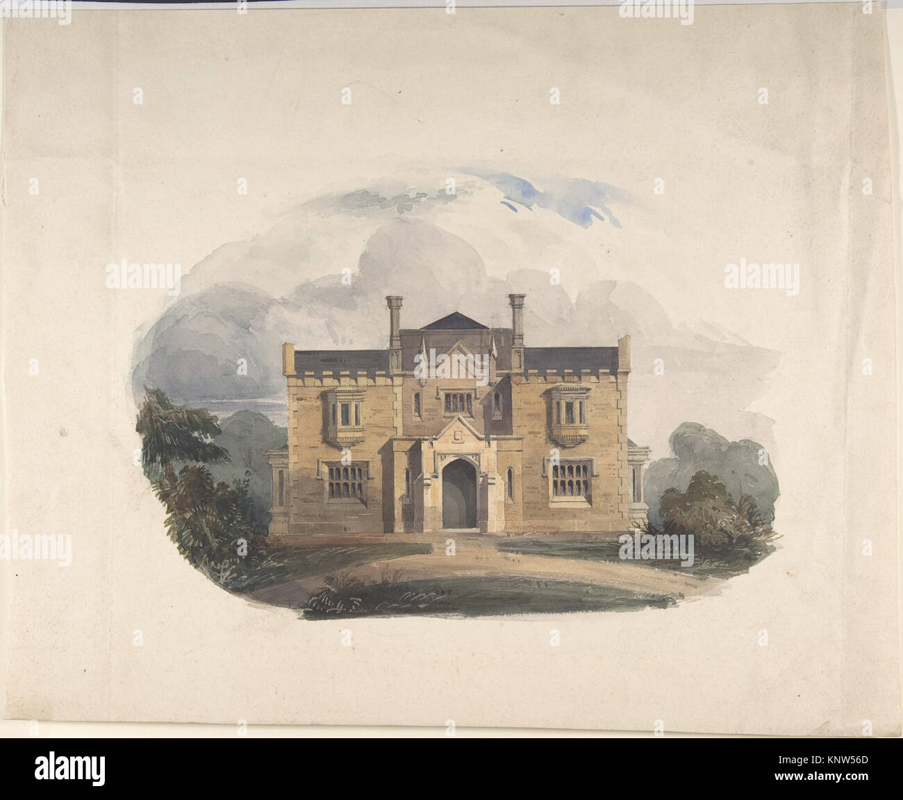 19th-century British architectural drawing featuring a half-timbered ...