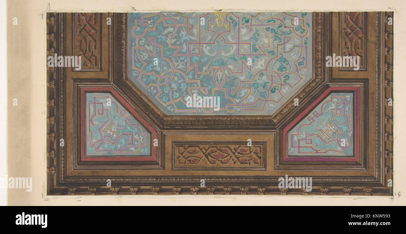 Design drawing of a coffered ceiling showing painted decoration with a ...