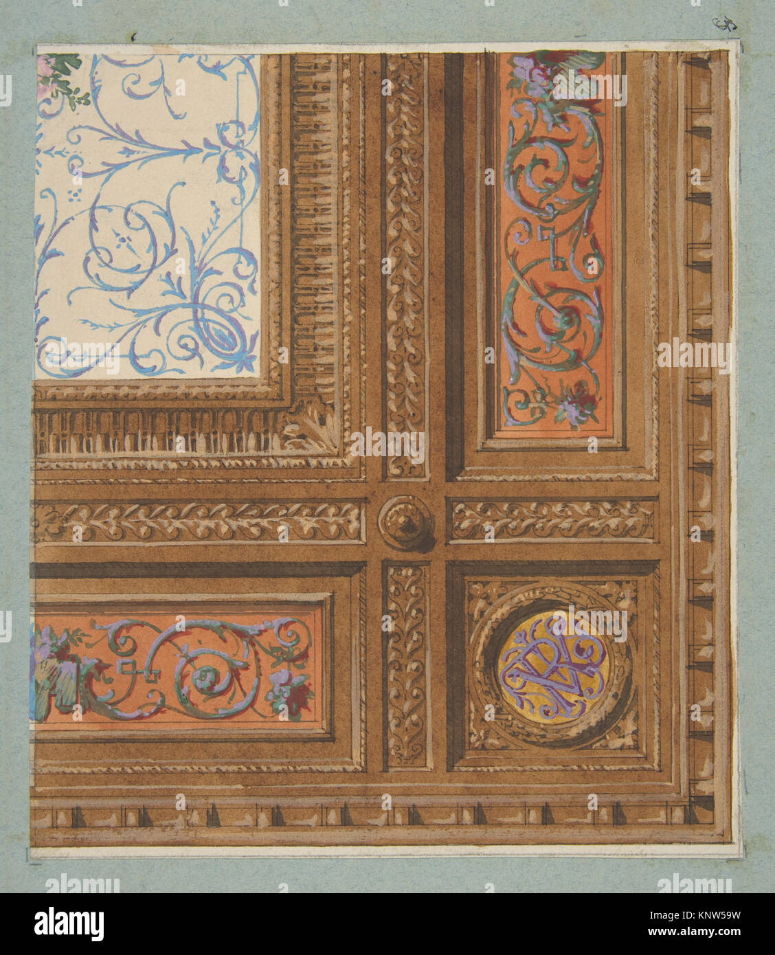 Design for a painted coffered ceiling including decorative motifs ...