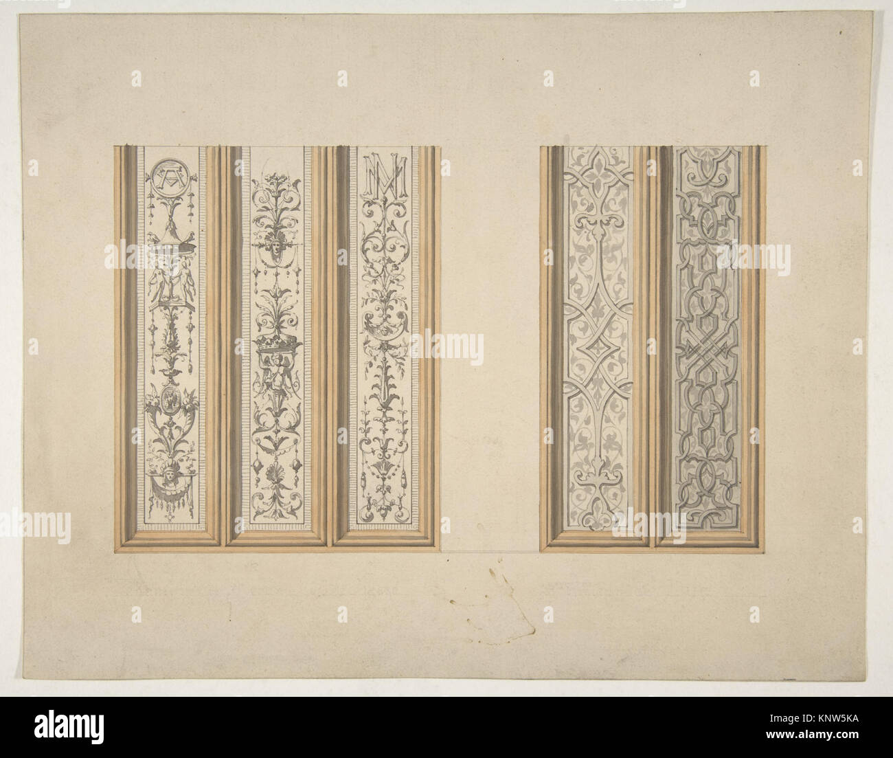 Design drawings for painted decorations on framed panels, showing ...