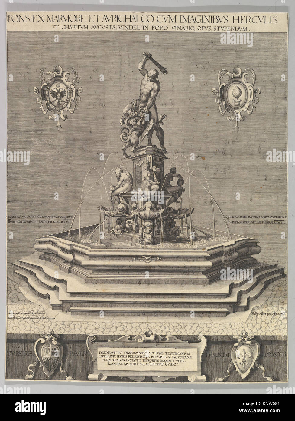 This copy depicts the Fountain of Hercules in Augsburg, showing ...