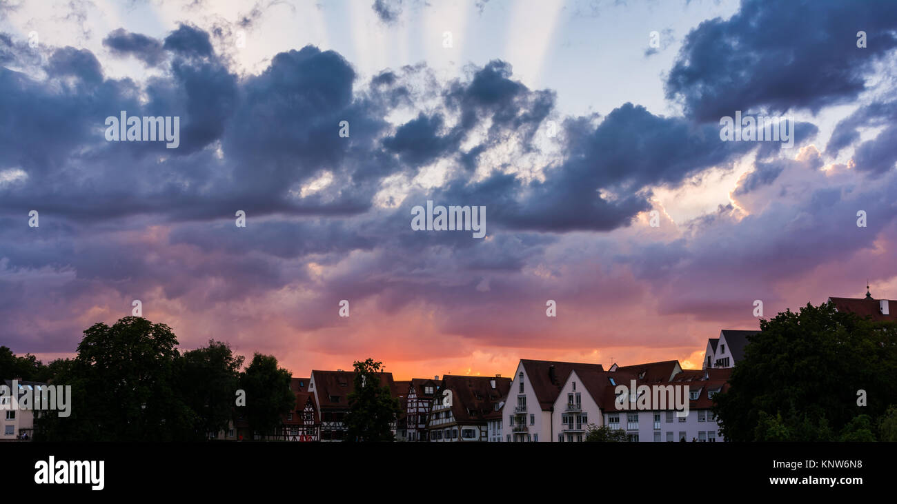 Deep Burning Red Purple Blue Ray Sunset over German Cottages in Ulm ...