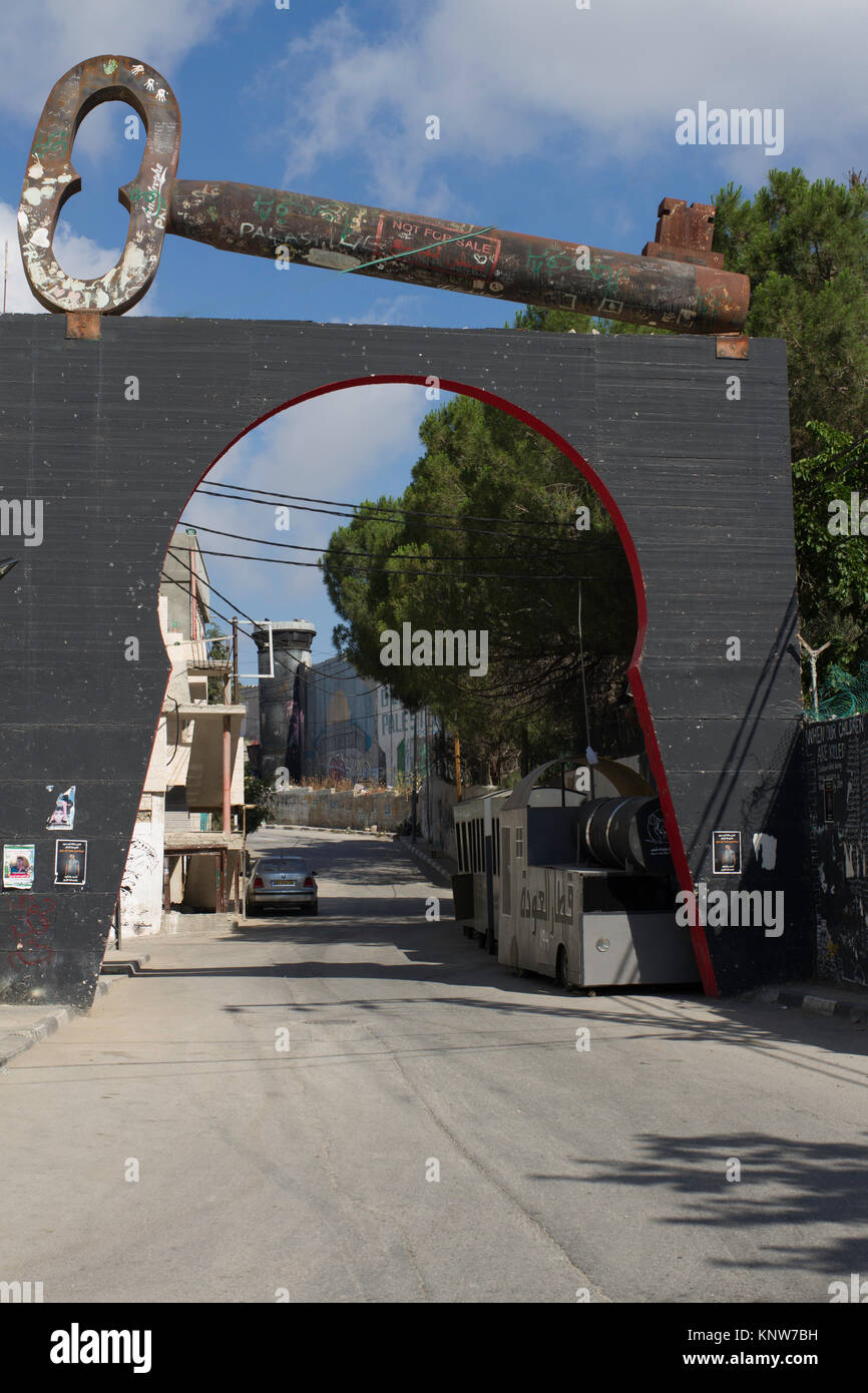 (Portrait) Giant Key of Return over entrance to Aida Refugee Camp ...