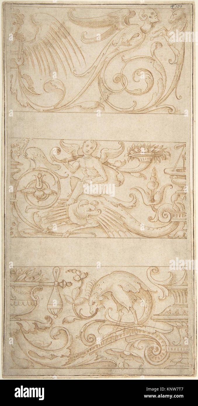 Ornamental frieze designs featuring grotesques with winged infants ...