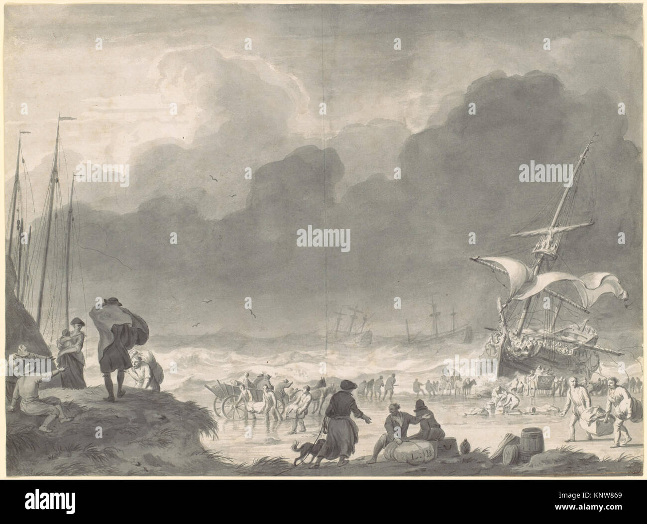 Illustration depicting a shipwreck on a shore during a stormy night ...