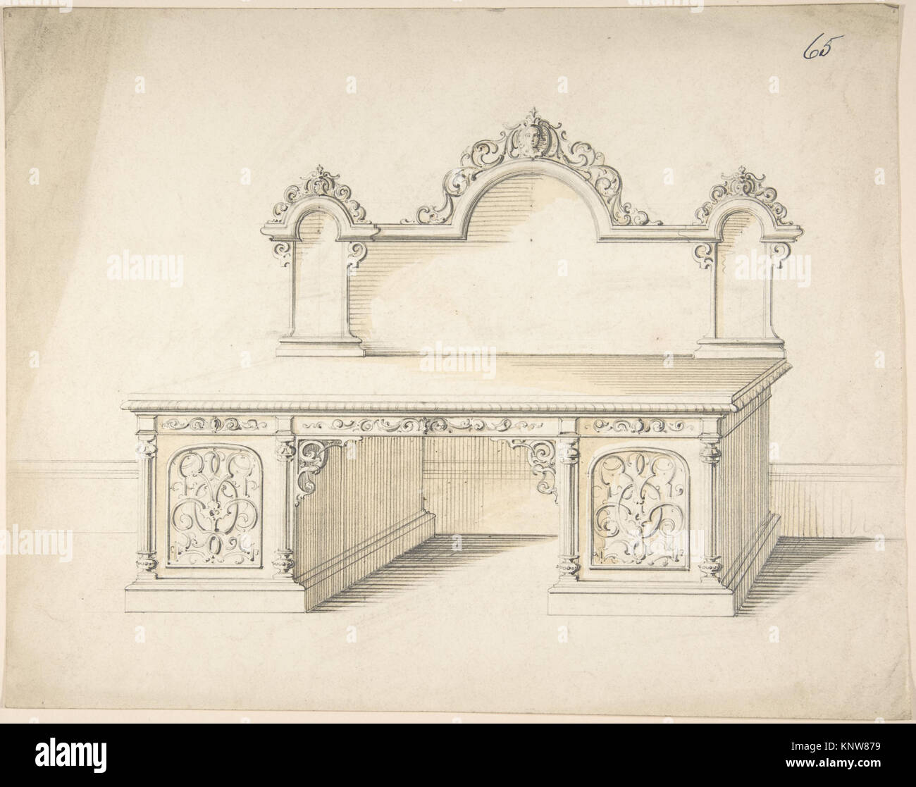 Illustration of a desk design, showing structural form, surface details ...