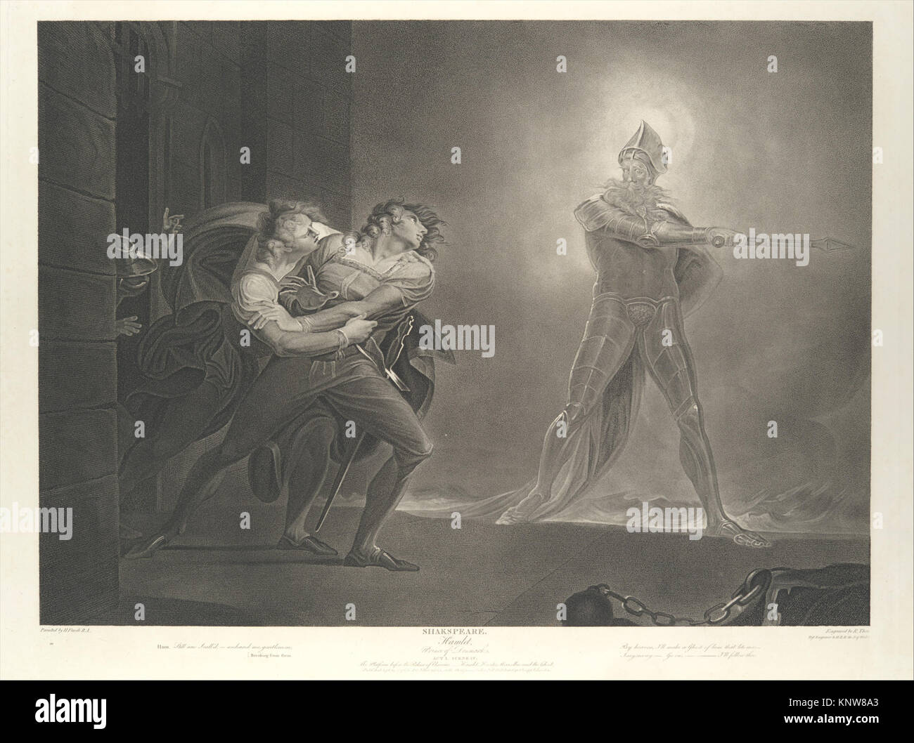 An illustration of Hamlet, Horatio, Marcellus, and the ghost from Act 1 ...