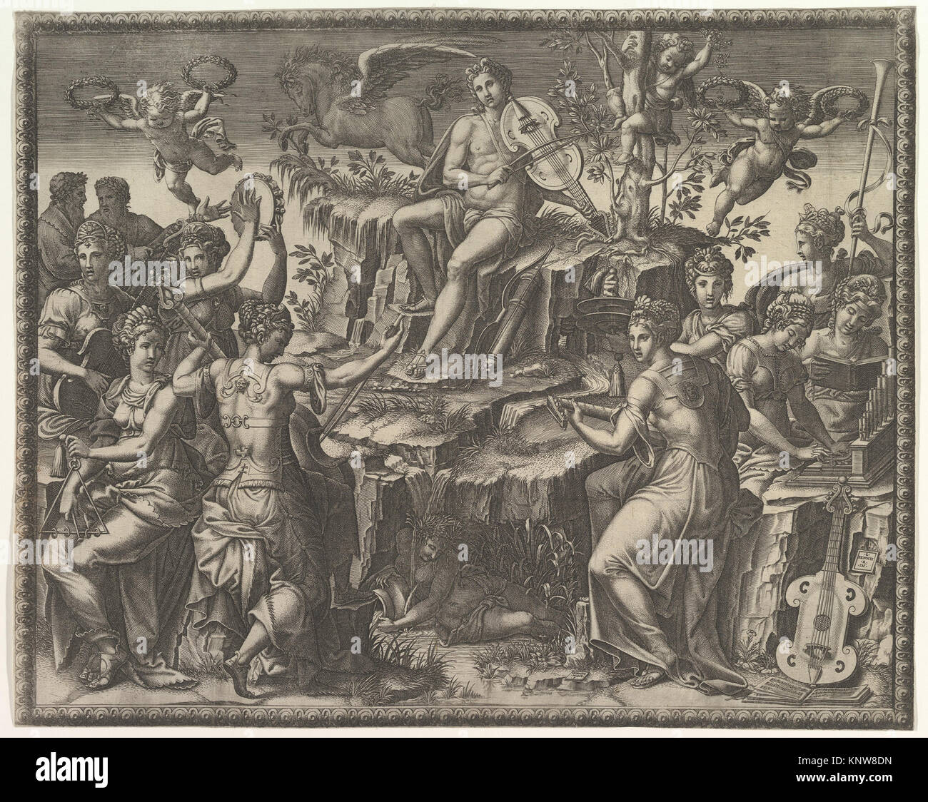 Illustration showing Apollo with nine Muses, depicting musical ...