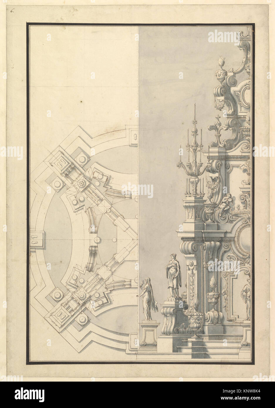 Architectural drawing showing half ground plan and half elevation of a ...