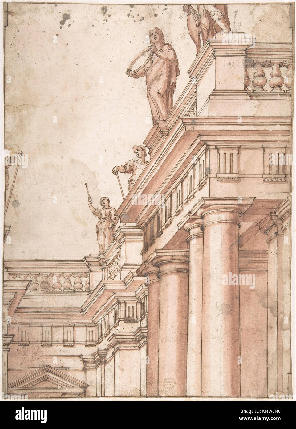 Architectural illustration of a stage facade for theatrical performance ...