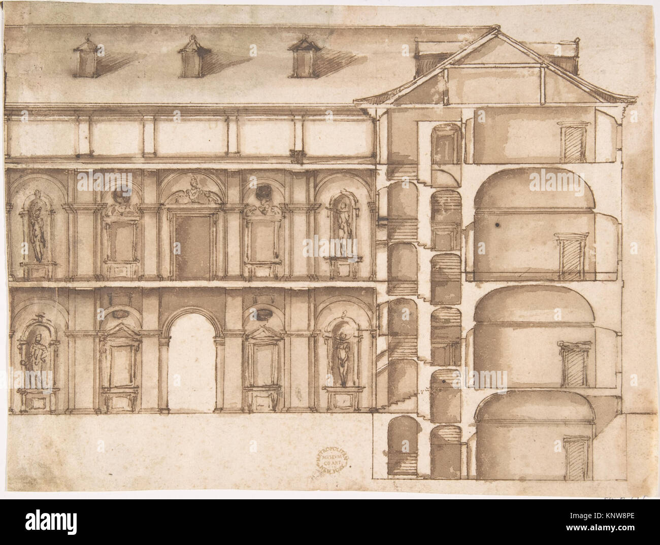 Architectural drawing showing elevation and sectional views of a ...