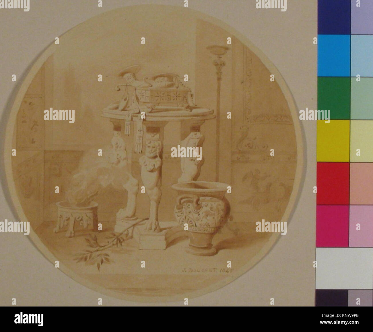 Circular Drawing of a Classical Interior with Fire in Brazier, Greek ...