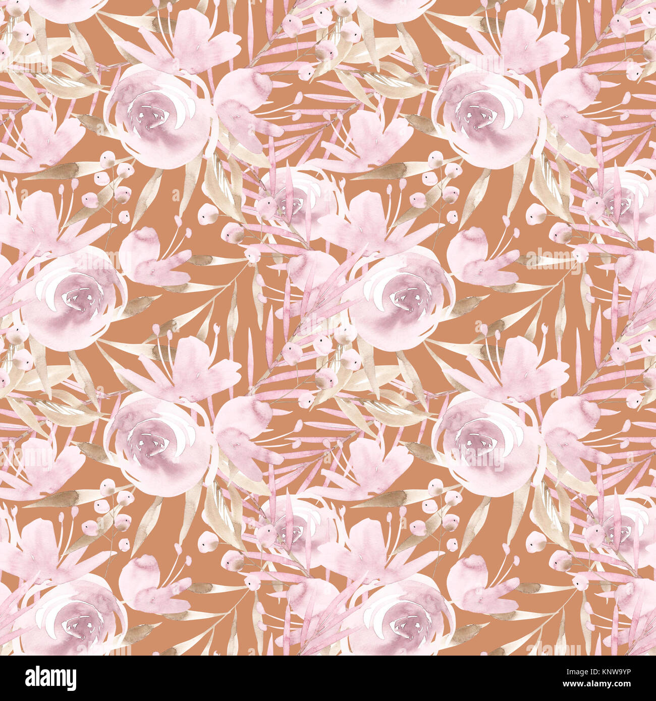 Pale pink roses and peonies with gray leaves on ocher background ...