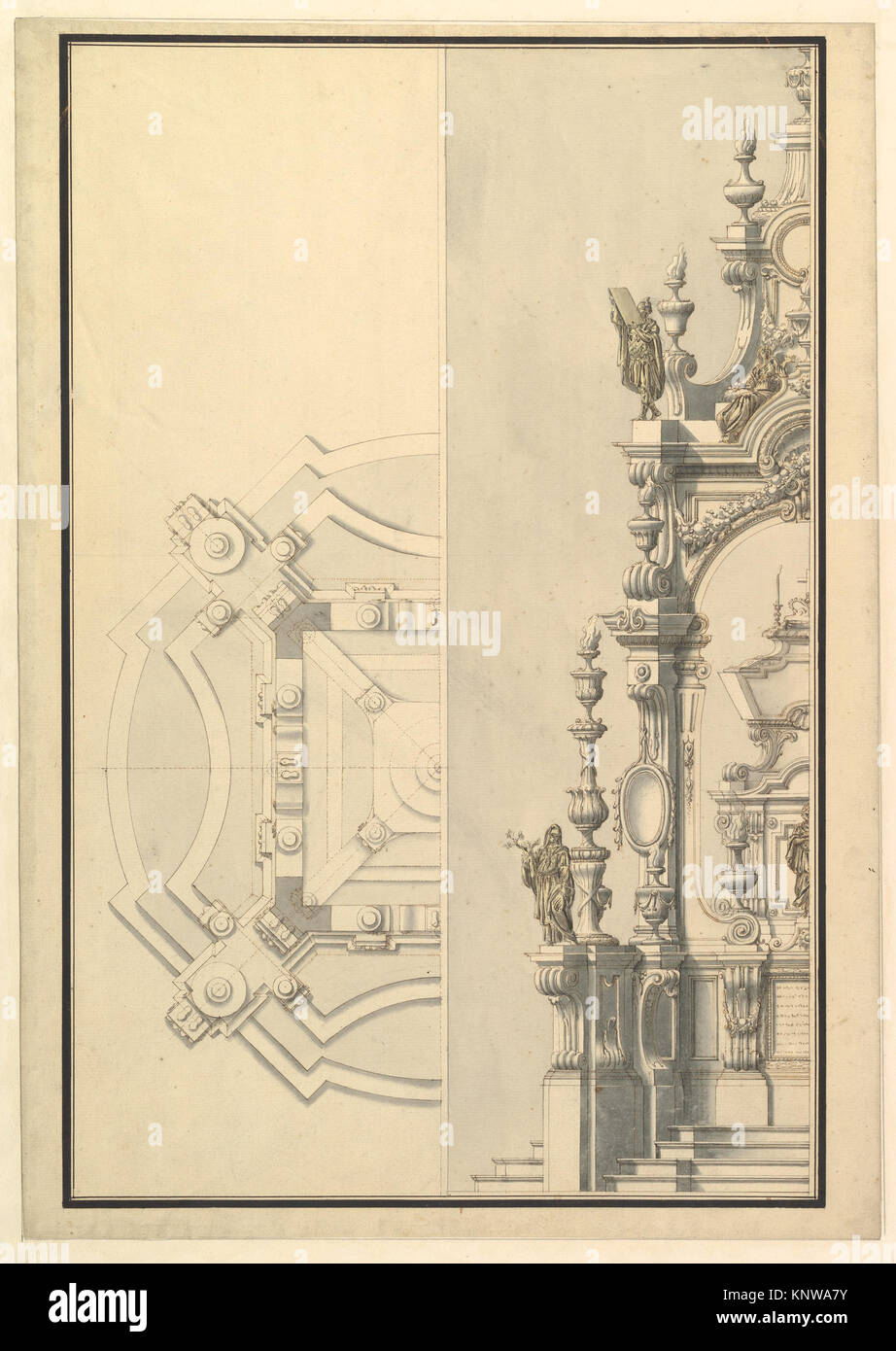 A detailed plan and elevation of a catafalque with a royal crown ...