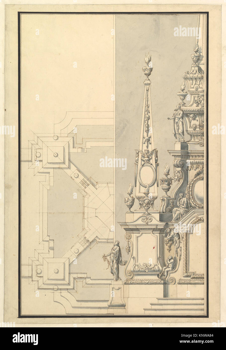 A preserved architectural drawing showing half ground plan and half ...