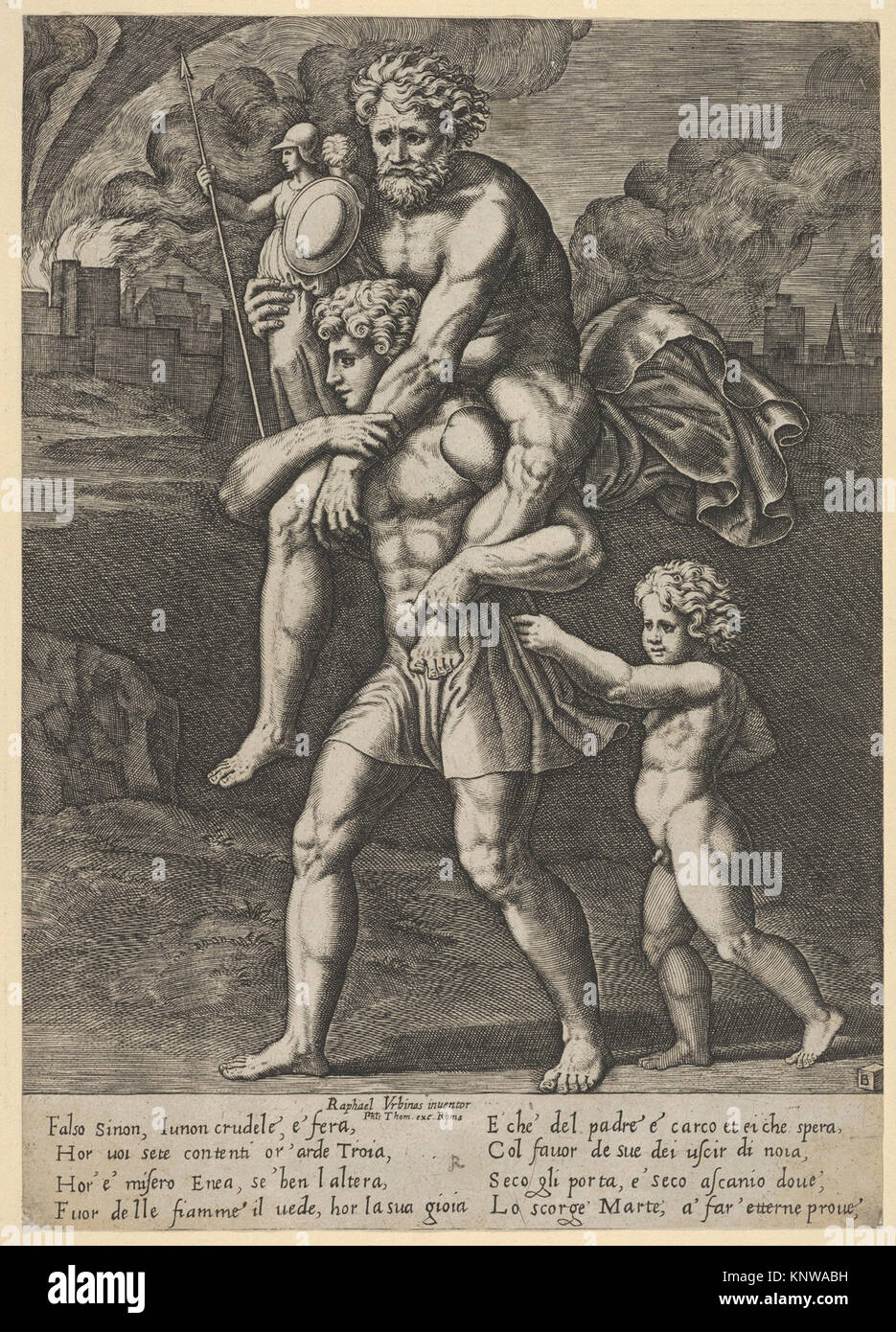 Aeneas carrying Anchises on his shoulders while Troy burns in the ...