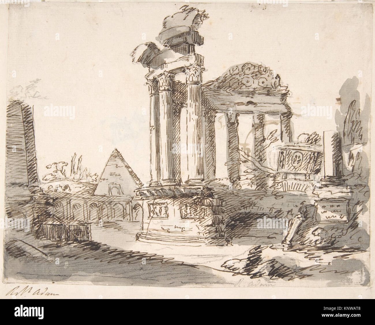 Classical Landscape with Ruins (recto); Two men in Roman military dress ...