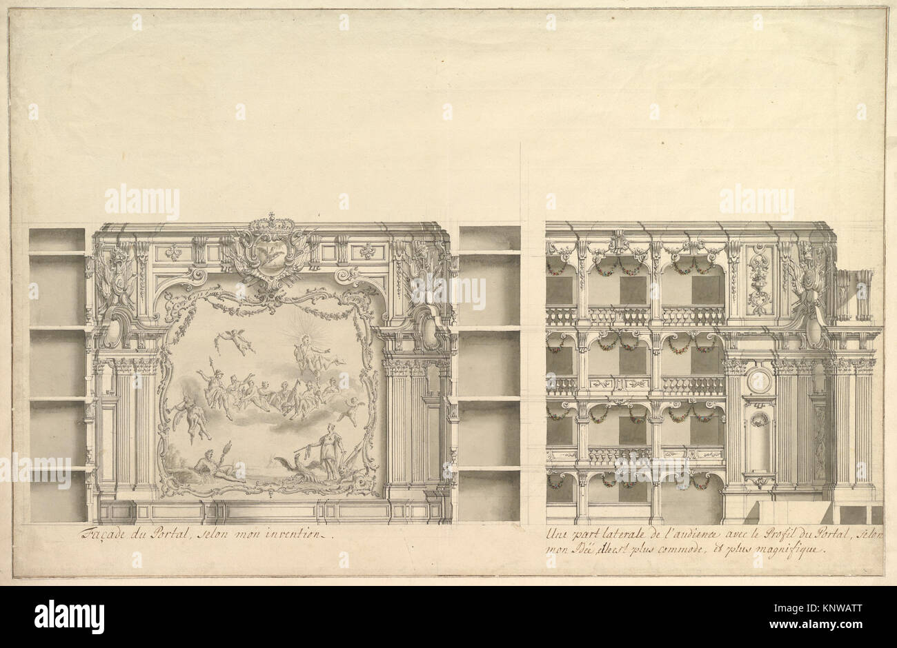Architectural elevation showing a theater proscenium with a new design ...