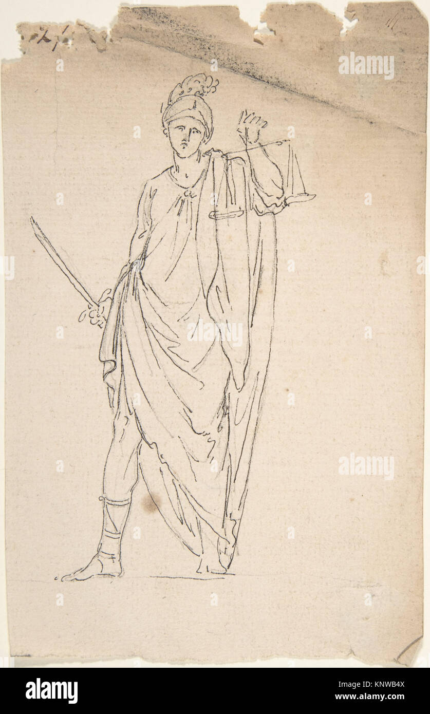 This drawing depicts a female statue holding a sword and scale ...