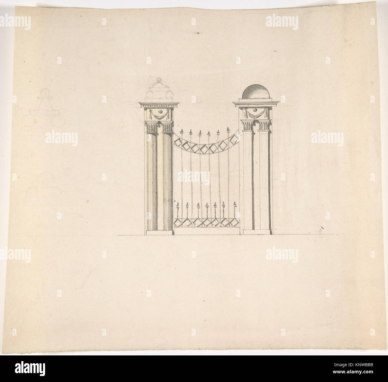 This architectural drawing depicts gate piers with paired pilasters and ...