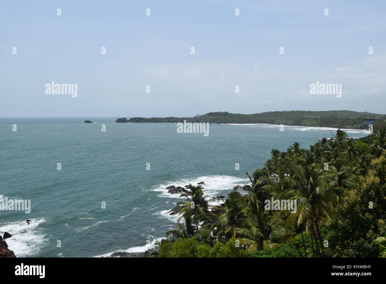 Sea view from mountain. Sea, trees and mountain. Rocky sea view with ...