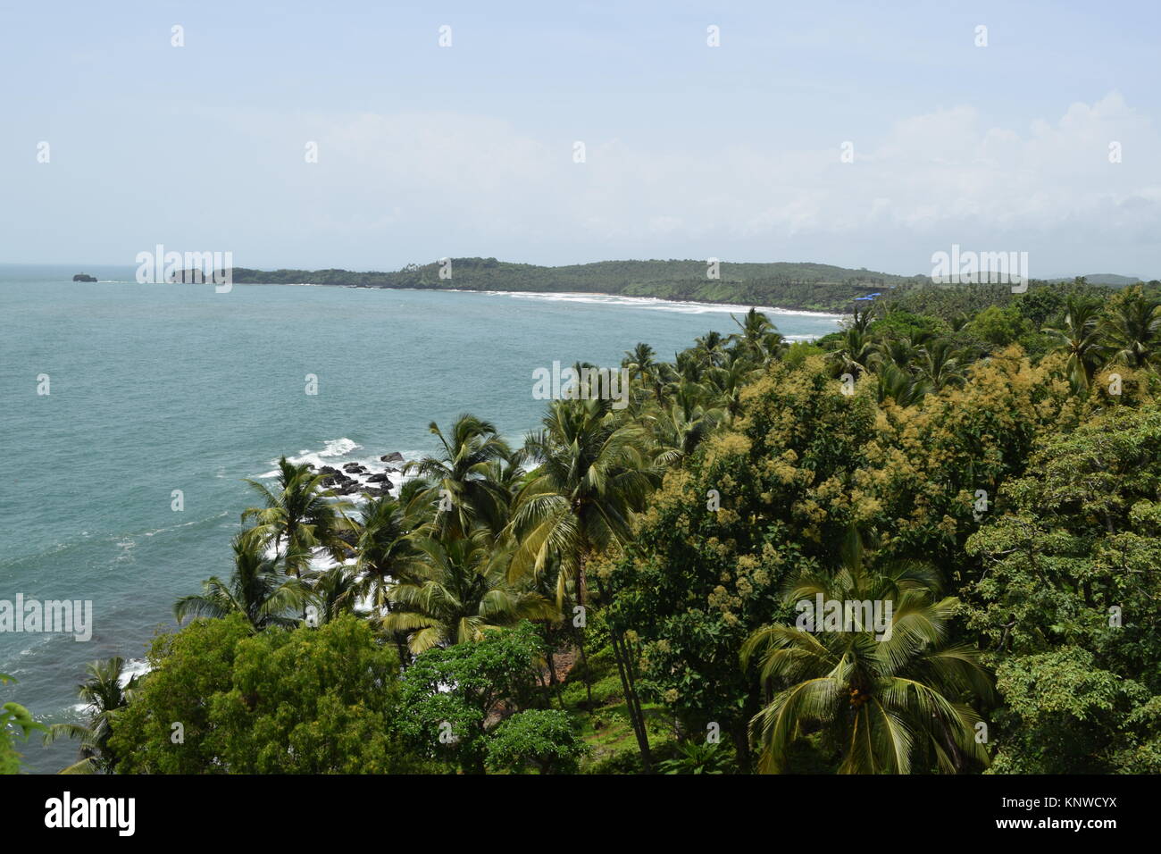 Sea view from mountain. Sea, trees and mountain. Rocky sea view with ...