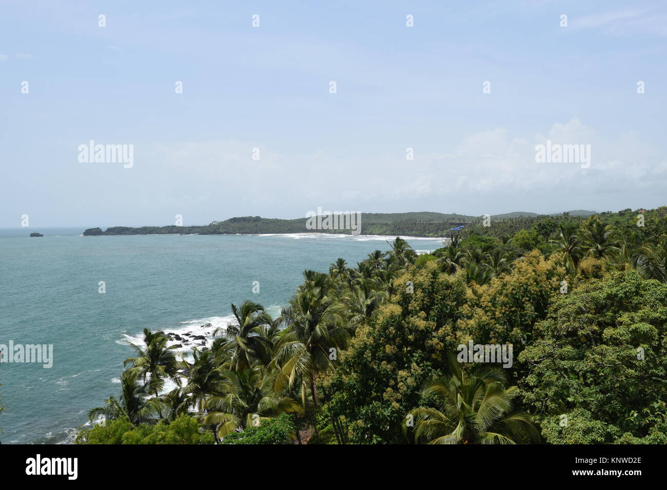 Sea view from mountain. Sea, trees and mountain. Rocky sea view with ...