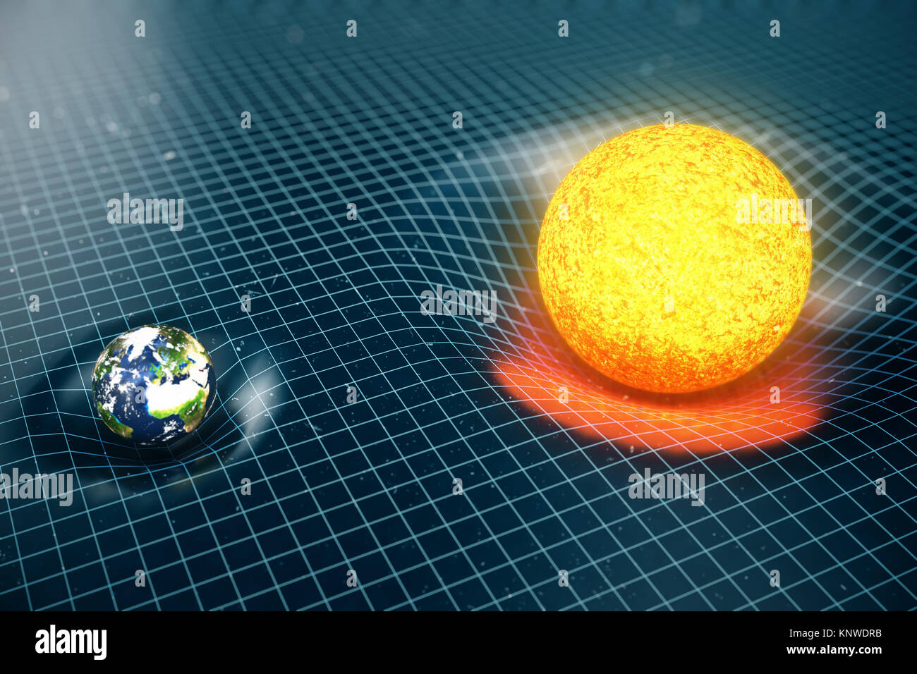 3D illustration Earth's and Sun gravity bends space around it. With ...