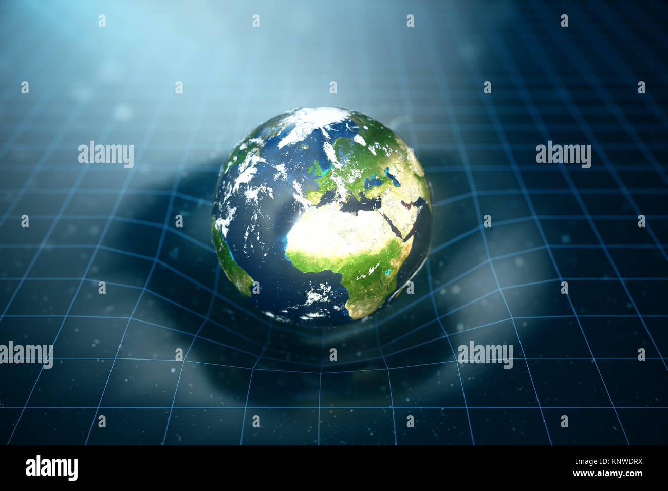 3D illustration Earth's gravity bends space around it. With bokeh ...